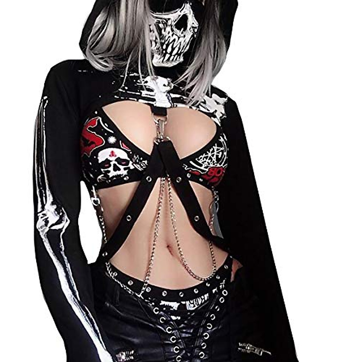 JUMISEE Women Goth Skeleton Hoodie Crop Top Iron Chain Long Sleeve Hooded Pullover Sweatshirt for Halloween Rave Festival Black