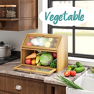 Vriccc Large Bread Box for Kitchen Counter, Double Layer Bamboo Wooden Large Capacity Bread Storage Bin with Acrylic Wavy Door Panel