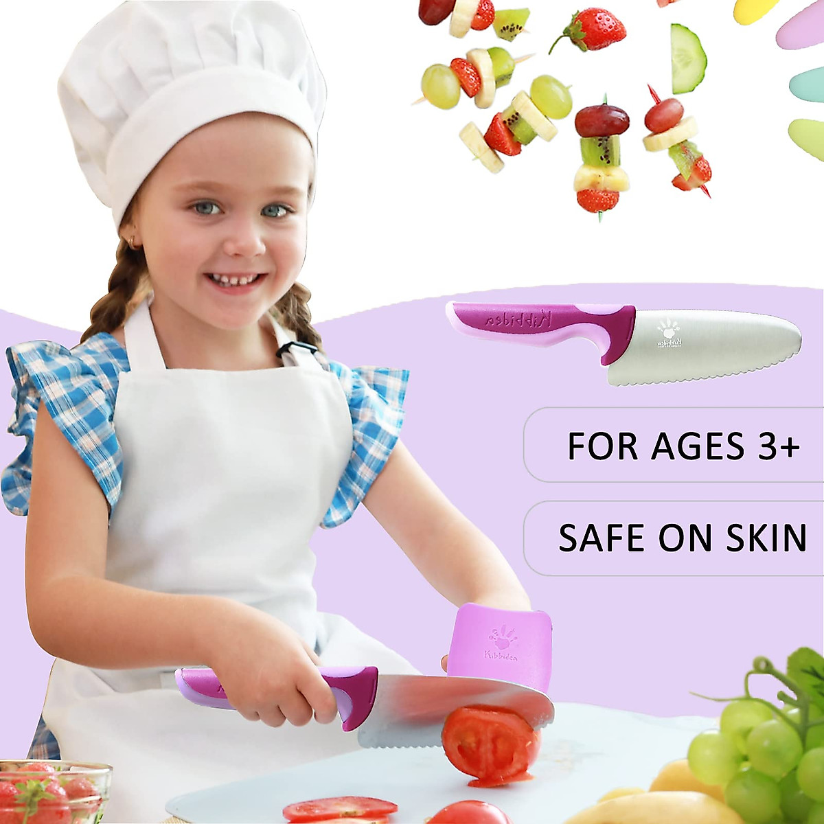 Kids Knife for Real Cooking, Montessori Children's Knife with Firm Grip, Stainless Steel Kids Safety Chef Knife with Finger Guard, Round Tip, Serrated Edges, BPA-Free (Purple)