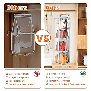 Msoesticc.dl Clear Hanging Handbag Purse Organizer with Zipper, Dustproof Hanging Closet Purse Organizer Space Saving Tote Bage Purse Storage Holder for Closet Wardrobe - 4 Easy Access Pockets (Grey)