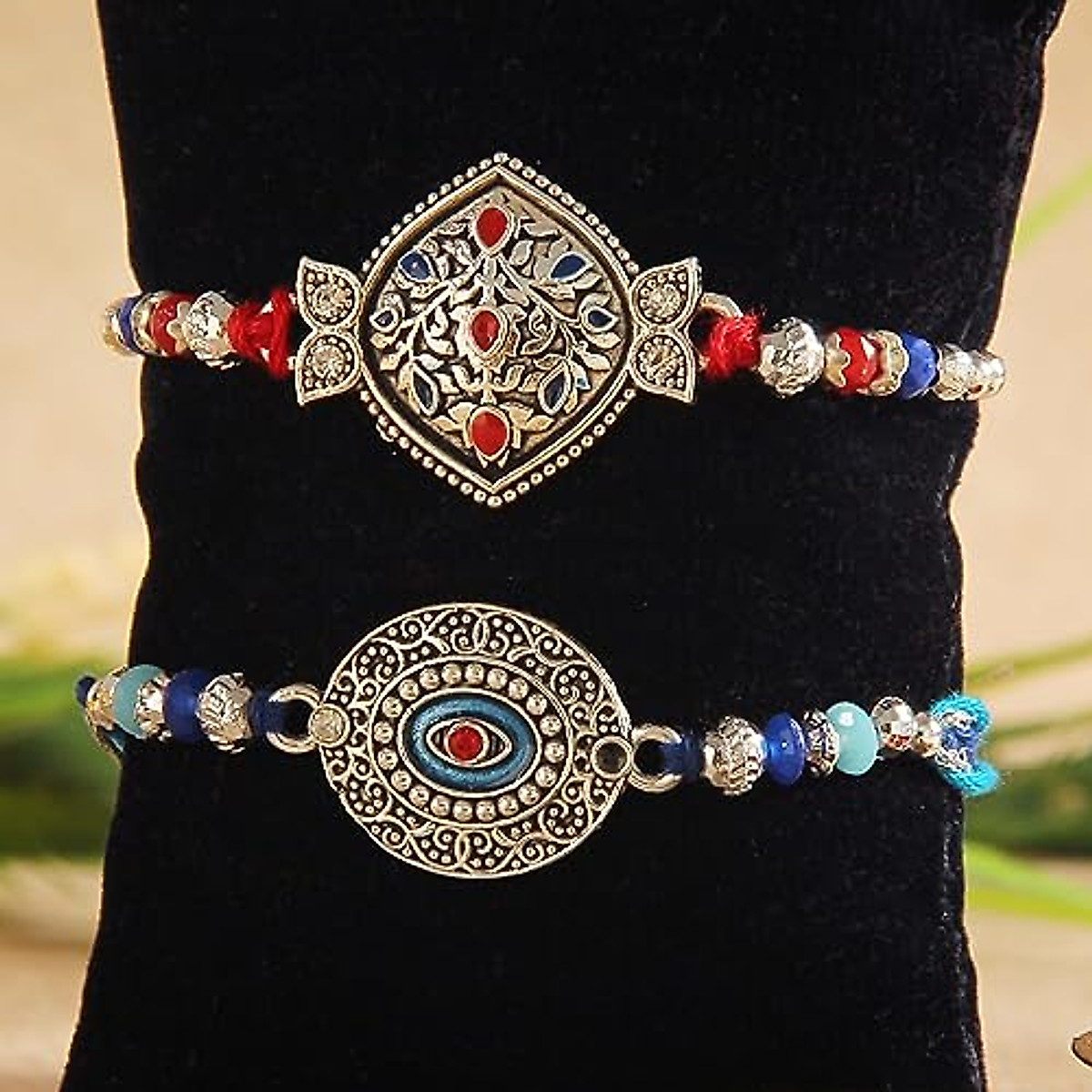 ARTISENIA Designer Rakhi Set of 2 Rakhi for Brother with Raksha Bandhan Greeting Card | Roli Chawal Tika - Raksha Bandhan Kundan Rakhi for Brother | Rakhi for Bhaiya | Rakhi Thread RNJ007