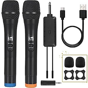 ALPOWL Wireless Microphone, UHF Dual Cordless Dynamic Mic System,Handheld Karaoke Microphone with Rechargeable Receiver(Auto Connect,200 ft Range) for Singing, Church, Speech, Wedding, Party