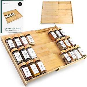 Bamboo Spice Drawer Organizer - Expandable 4 Tier Spice Rack (Need 3" Deep Drawer) 12" to 23" Wide, Seasoning Organizer, Organization Seasoning Rack insert for Kitchen Cabinet (Jars Not Included)