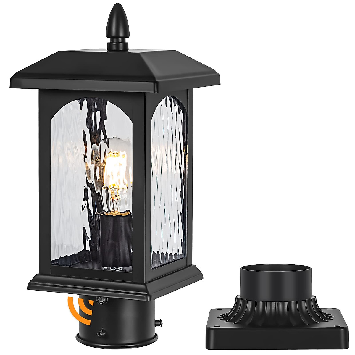 Dusk to Dawn Outdoor Post Light Fixture with Pier Mount Base - Waterproof Pole Outdoor Lighting, Modern Black Pillar Lantern Outside with Tempered Rippled Glass for Pathway, Garden, Patio, Anti-Rust