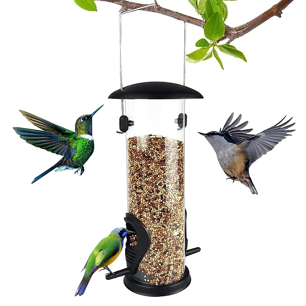 Metal Bird Feeder, Tube Bird Feeders for Outdoors Hanging, Heavy Duty Chew-Proof and Rust-Proof Tube Bird Feeder, Weatherproof & Steel Hanger, Attracting for Wild Birds (Black)