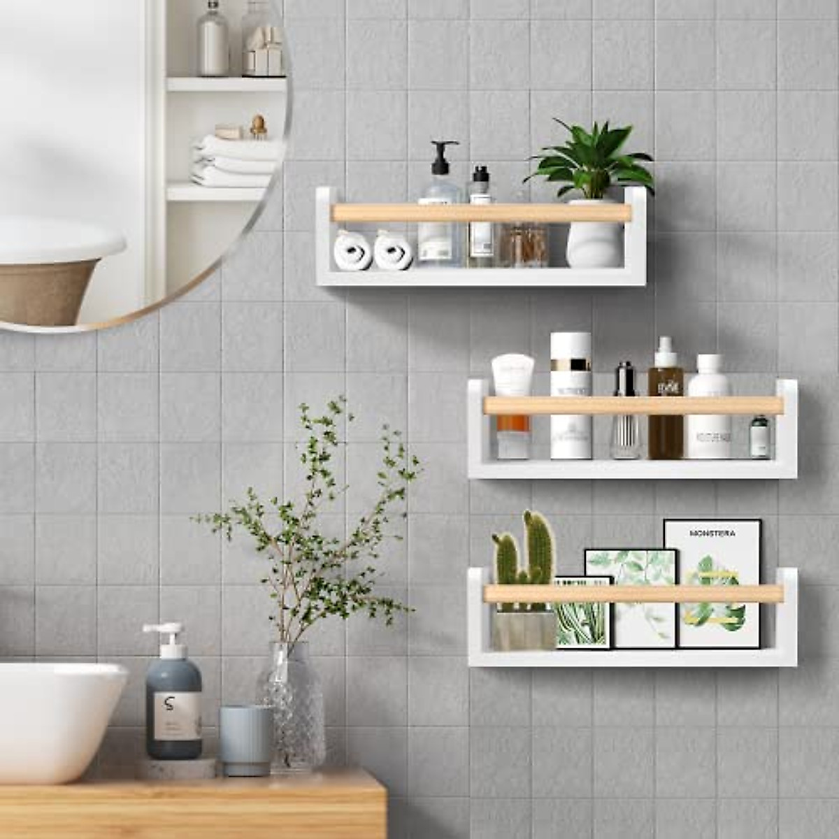 ZCO White Nursery Wall Shelves, 16 Inch Wooden Floating Shelves for Wall, Set of 3 Wall Mounted Shelves for Living Room, Bathroom Decor, Kitchen Spice Rack, White-Natural