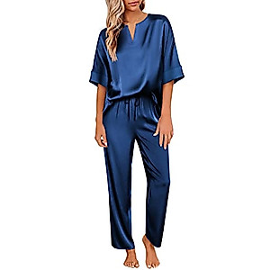 Ekouaer Women's Satin Pajamas Set Soft Short Sleeve Loungewear Two Piece Silky Long Pant Pjs Set Navy Blue