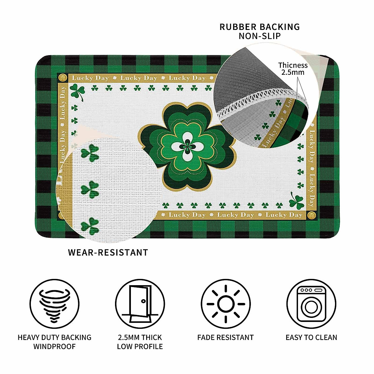 St. Patrick's Lucky Day Clovers Shamrock Doormat Rugs Outdoor/Indoor Green Green Buffalo Check Plaids Non-Slip Entrance Welcome Mat for Front Door/Bathroom/Kitchen/Bedroom/Patio/Entryway,18"x30",