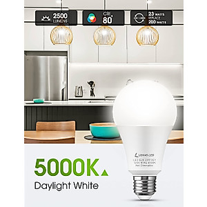 LOHAS Super Bright White LED Light Bulb, A21 23W(150-200Watt Equivalent), 2500 High Lumen, 5000K Daylight White, Garage Light Bulbs, E26 Porch Light Bulb, Non-Dim, No Flicker for Home Lighting, 2-Pack