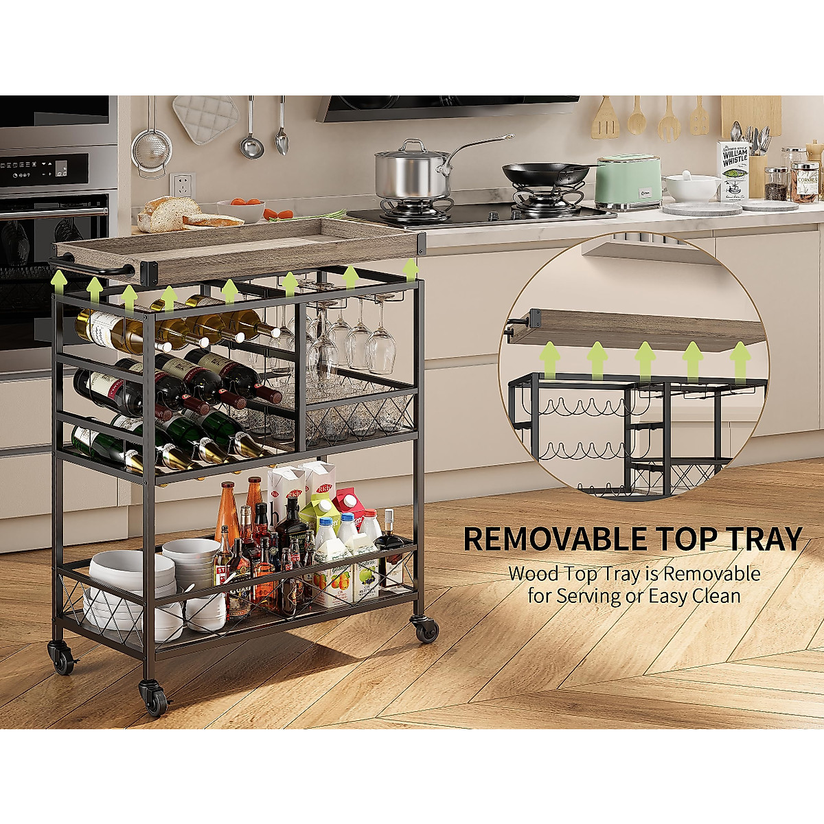 Gizoon 3 Tier 38" Home Bar Serving Cart with Large Storage Space, Mobile Kitchen Storage Trolley with Lockable Wheels, 12 Wine Rack, Glass Holder, Removable Tray (Gray)