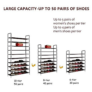 WEI WEI GLOBAL 10 Tiers Shoe Rack, 50 Pairs Non-Woven Fabric Shoe Storage Organizer, Shoe Tower Organizer Cabinet, Space Saving Shelf Closet (Black)