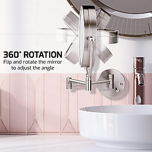 OVENTE 9" Lighted Wall Mount Makeup Mirror with 1X/7X Magnification, Double Sided Magnifying Vanity Mirror, LED Glow Light, 360° Swivel Design, Extendable & Folding Arm, Nickel Brushed MPWD3185BR1X7X