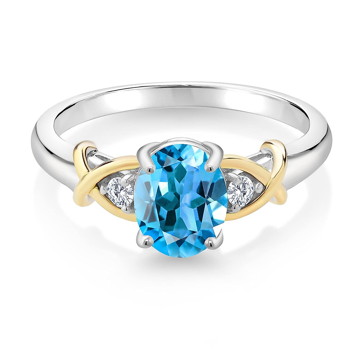 Gem Stone King 2 Tone 10K Yellow Gold and 925 Sterling Silver Swiss Blue Topaz and Lab Grown Diamond Ring For Women (1.58 Cttw, Gemstone Birthstone, Available In Size 5, 6, 7, 8, 9)