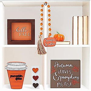 Fall Table Decor, Farmhouse Fall Home Decor Set with 3 Heart Blocks, 3 Wooden Signs and Wood Bead Garland for Tiered Tray, Shelf and Mantle - Fall Decorations for Home (Tray not Included)