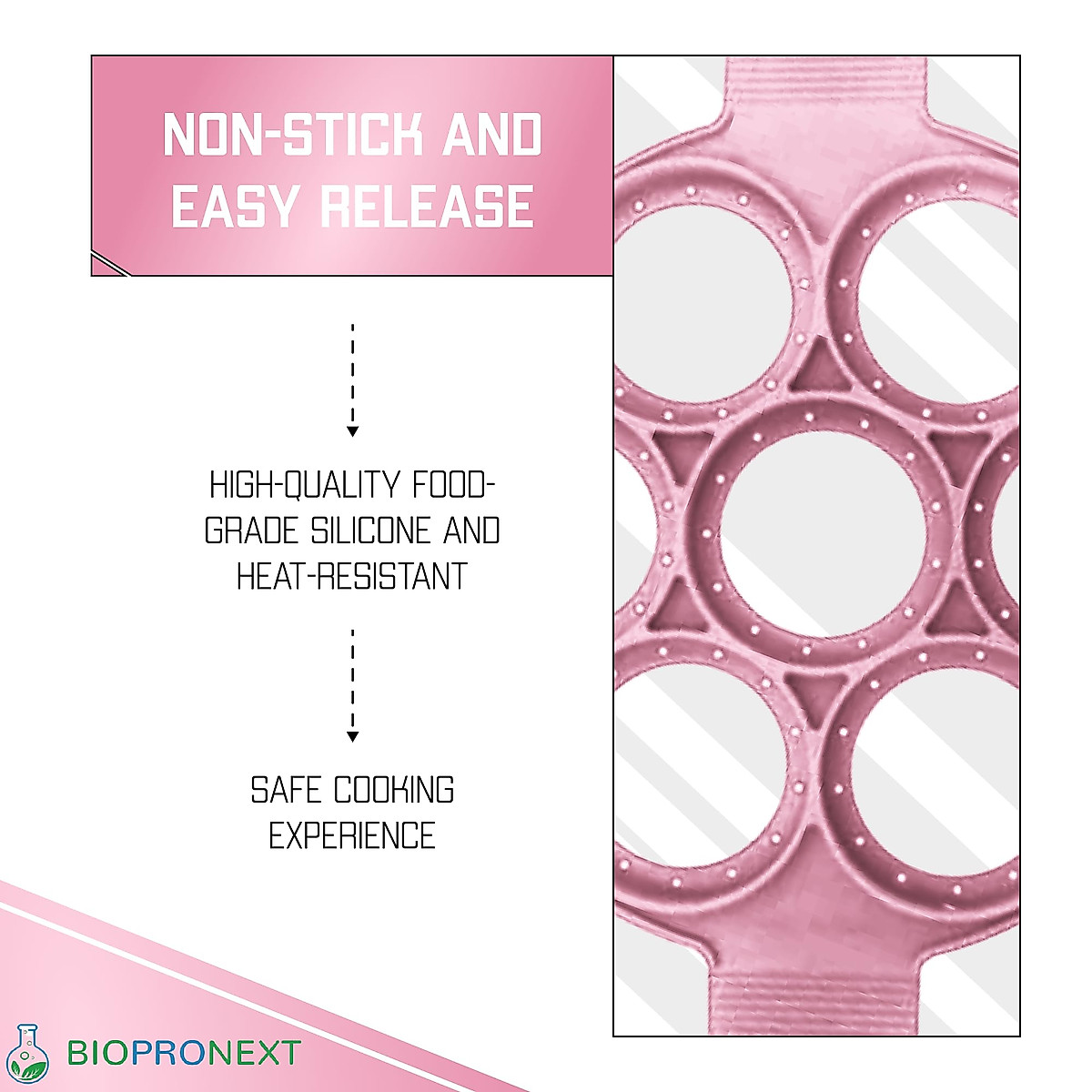 BIOPRONEXT Silicone Non Stick Pancake Maker - 7 Circles Mini Pancake Mold - Silicone Pancake Mold - Silicone Egg Rings for Griddle with Handles - Pancake Molds for Griddle Frying Eggs - Pink