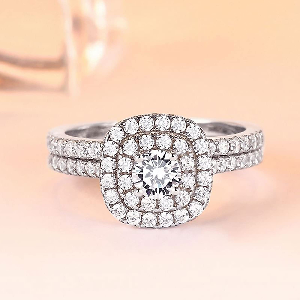 WSX Solid Gold 0.5ct Moissanite Bridal Rings Sets for Women Round Simulated Diamond Her Halo Wedding Engagement Ring, 2 Piece Set