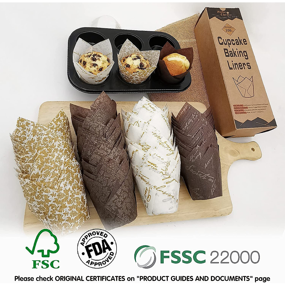 Bake Choice Nordic Paper 200pcs Tulip Cupcake Liners for baking cups with Fancy White design with Gold leaves EU Parchment paper Tulip Muffin liners, Cupcake Wrappers for Party, Wedding, Birthday