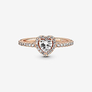 Pandora Sparkling Elevated Heart Ring - Rose Gold Ring for Women - Layering or Stackable Ring - Gift for Her - 14k Rose Gold-Plated Rose with Cubic Zirconia - Size 5