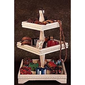 KEFO Three Tiered Beaded Tray Decor Stand - 12 x 18 Inch Large White Wooden 3 Tiered Tray Stand - Decorative Rustic Distressed 3 Tier Tray Decor Table Centerpiece - Tiered Serving Tray for Home Decor