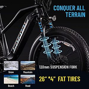 GOGOAL Electric Bike for Adults BAFANG 750W Motor 48V 15Ah Larger Removable Battery Waterproof 26'' 4 Inch Fat Tire Ebike 7-Speed Electric Mountain Bike Beach Camping Snow E-Bikes Black