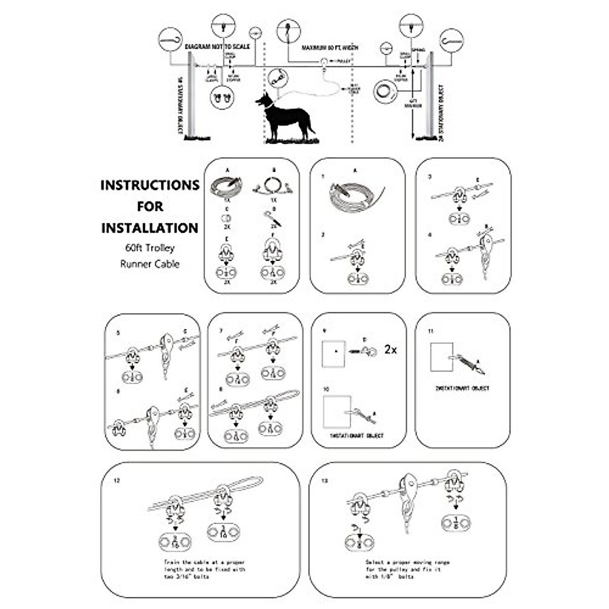 Petest 60ft Trolley Runner Cable for Heavy Dogs Up to 125 Pounds