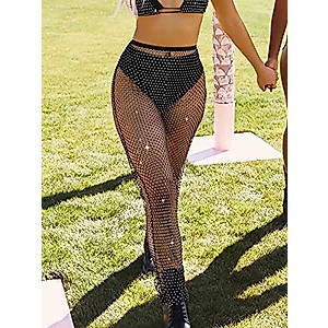 Yokawe Mesh Pants Sparkly Rhinestone Cover Up Pants Fishnet See Through Leggings Crystal Bottoms Nightclub Rave Festival Party Bikini Swimsuit Pants Cover Ups for Women Black