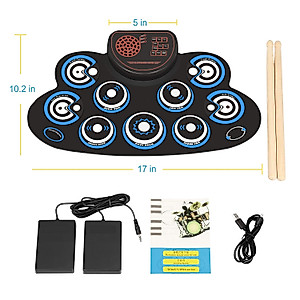 Electronic Drum Set Kids Foldable Practice Drum Pad Rechargeable Drum Kit, Built in Speakers Foot Pedals,Drum Sticks, Birthday Gift for Beginners (Blue)