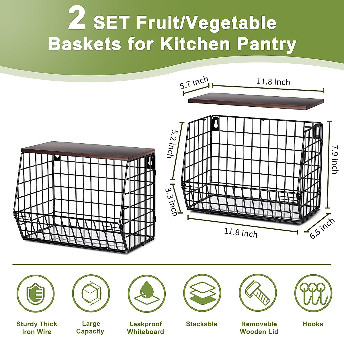 2 Tier Fruit Bowl Fruit Basket for Kitchen Counter Stackable Wall Mounted Hanging Basket Wire Baskets with Wood Lid with 4 Banana Hanger Hooks, Onion Basket, Fruit and Vegetable Storage