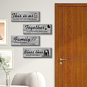 4pcs Home Decor Signs This is us/Together/Family/Bless this home,Rustic Wooden Wall Art Decor,Farmhouse Wall Signs for Bedroom Living Room,4.7 x 13.8 Inch (light gray)