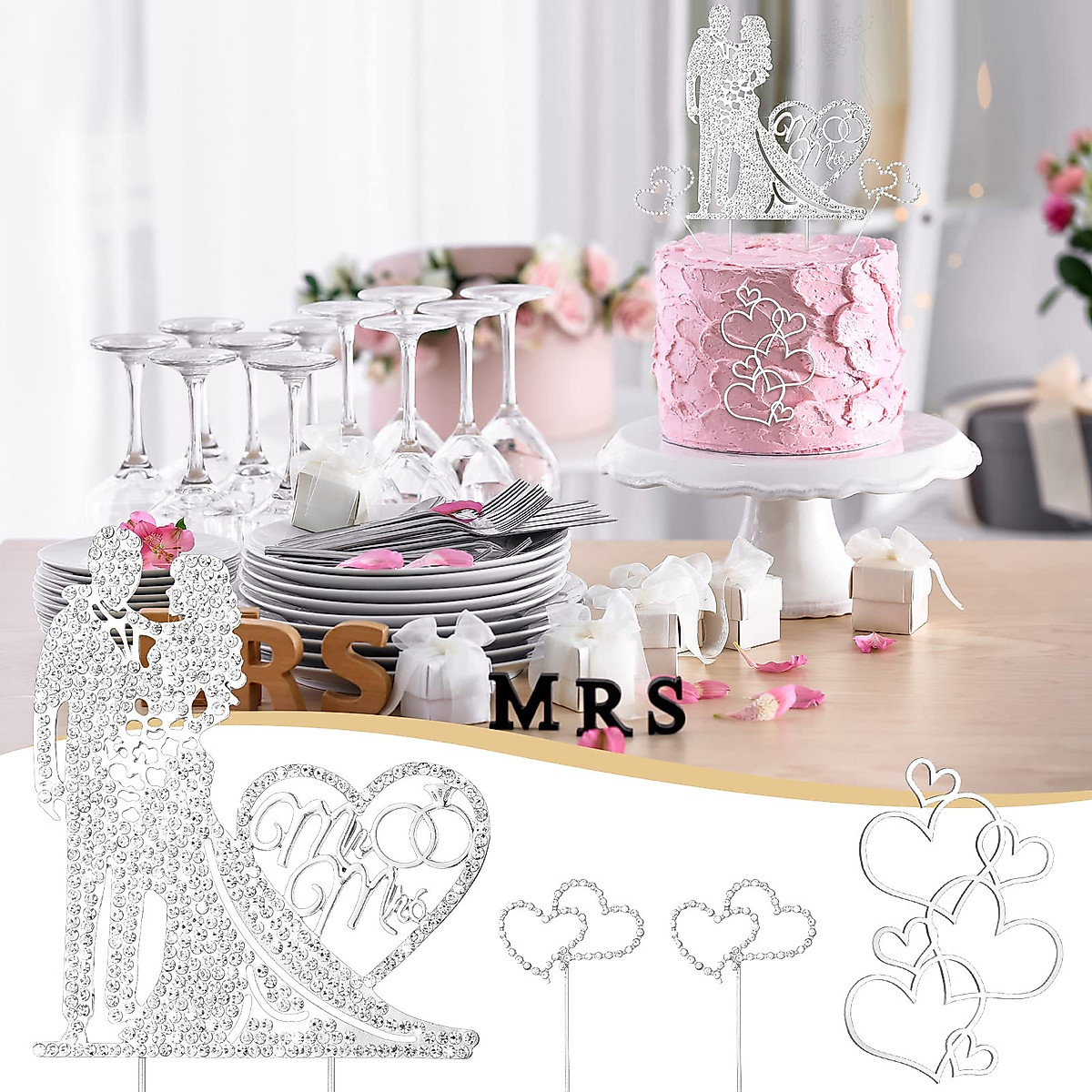Spiareal 4 Pcs Wedding Cake Topper Mr and Mrs Rhinestone Bride and Groom Love Cake Topper Metal Happy Engagement Anniversary Cake Topper Wedding Party Cake Decor Cake Topper for Bridal Shower(Silver)
