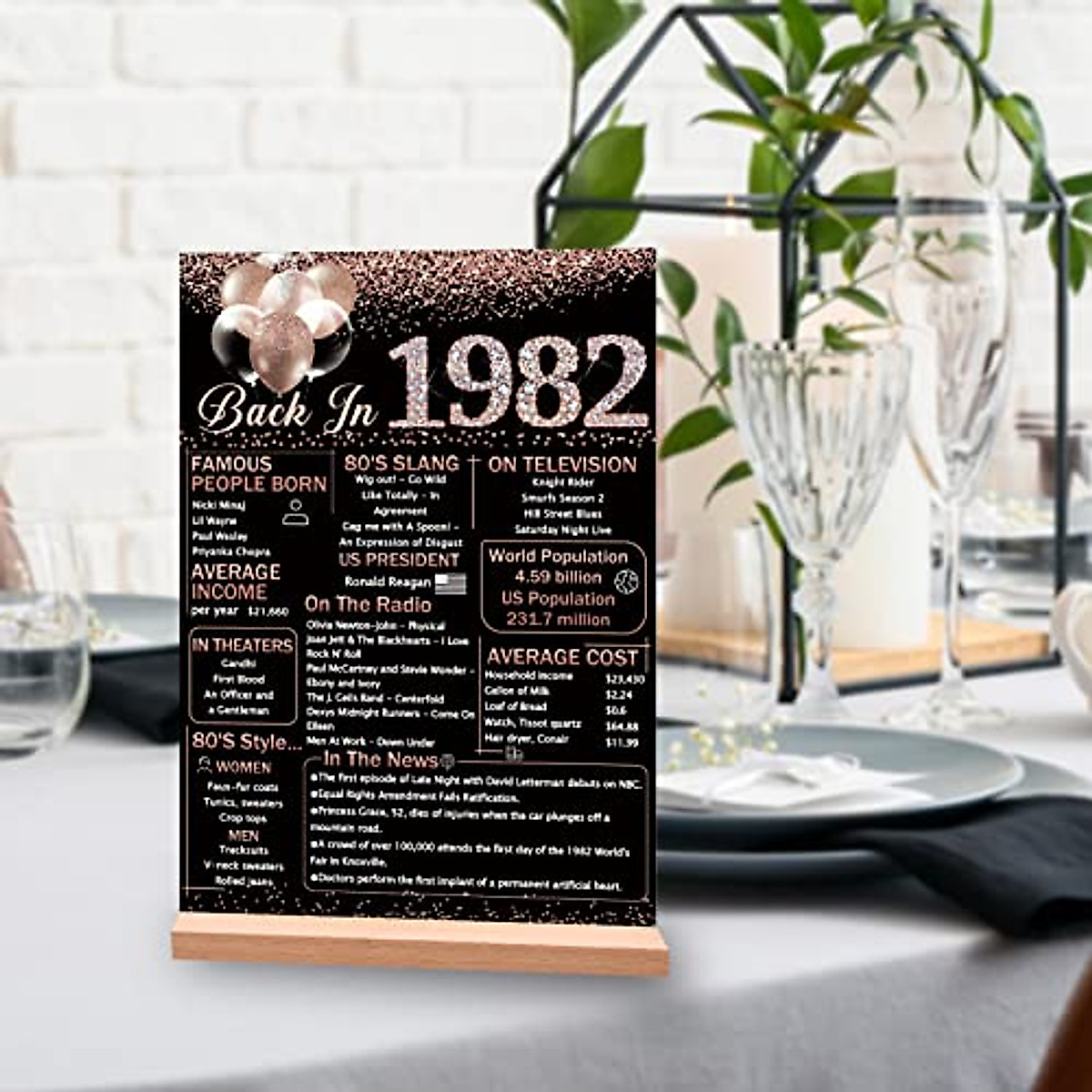 Vlipoeasn 41st Birthday Anniversary Table Decoration 1982 Poster for Women, Rose Gold Back in 1982 Acrylic Table Sign with Wooden Stand, 41 Year Old Birthday Party Centerpieces Gift Supplies