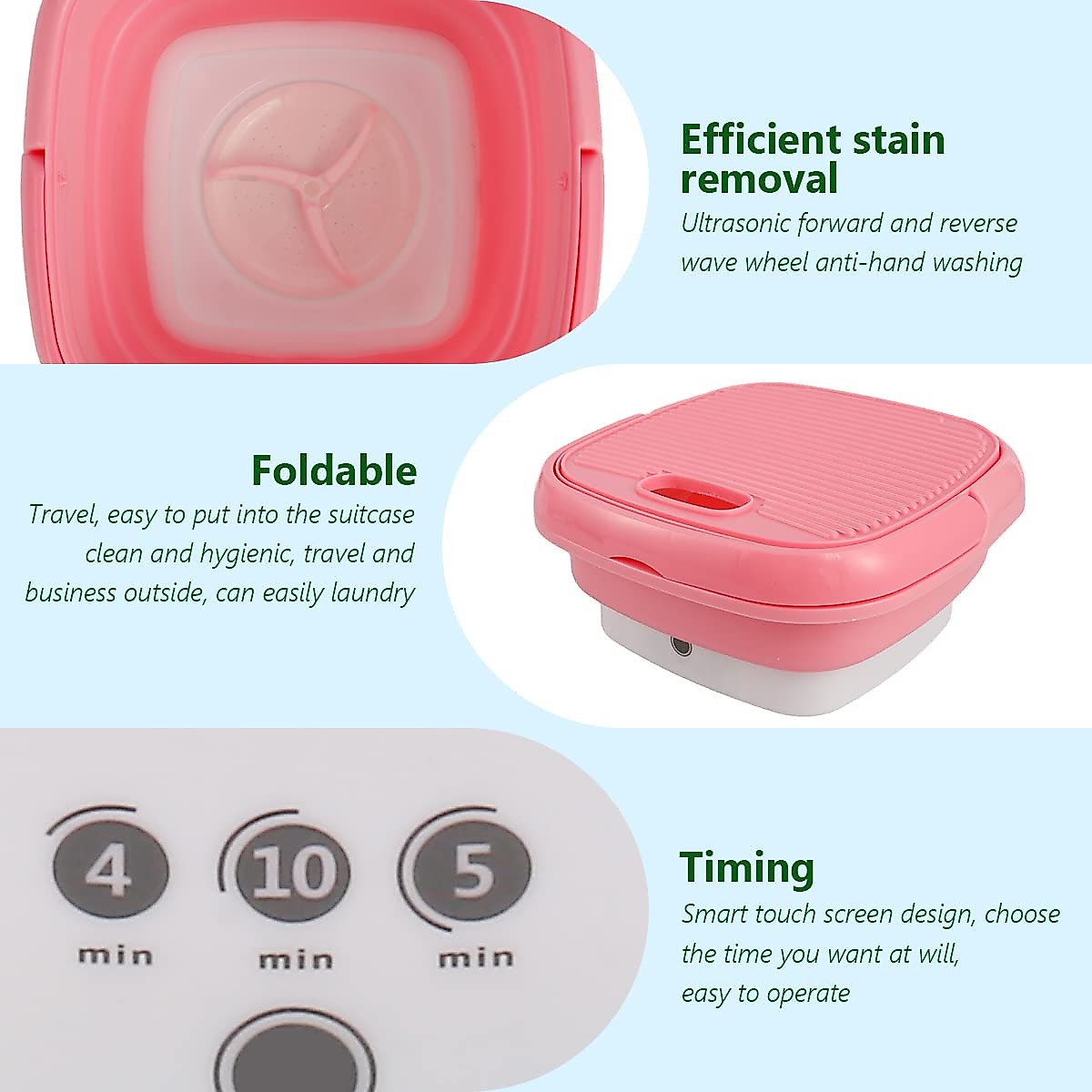 Washing Machine Portable, Mini Foldable Washer and Spin Dryer Small Foldable Bucket Washer for Camping, RV, Travel, Small Spaces, Lightweight and Easy to Carry (Plastic Pink)