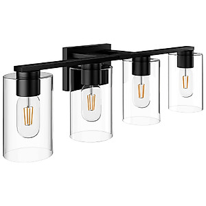 WILON 4 Light Bathroom Light Fixtures, Bathroom Vanity Light with Glass Shade, Bathroom Lights Over Mirror Wall Sconces Lighting for Bathroom Farmhouse Bathroom Light Fixtures, Matte Black Wall Light