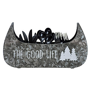 Boston Warehouse 55169 Canoe Shaped Galvanized Metal Flatware Caddy, 14 Inch, The Good Life