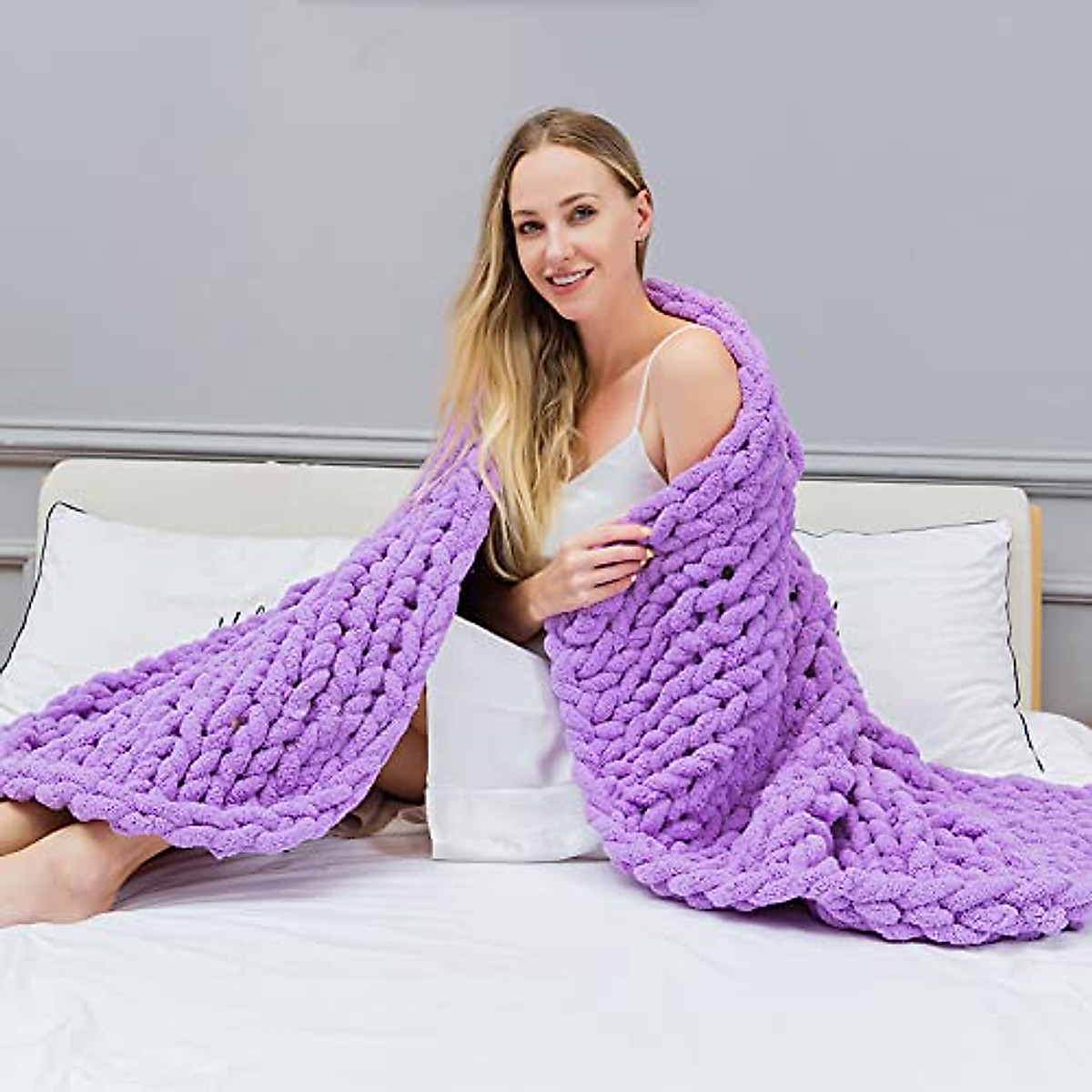 Chunky Knit Throw Blanket Soft Cozy Chenille Casual Handwoven Blanket for Bed Sofa Chair Home Decor (Purple, 40" × 80")