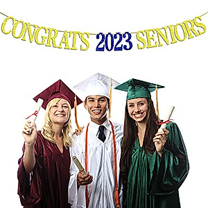 Congats 2023 Seniors Banner, Class of 2023 Bunting Sign, High School / College / University Graduation Theme Party Decoration Supplies (Gold and Blue)