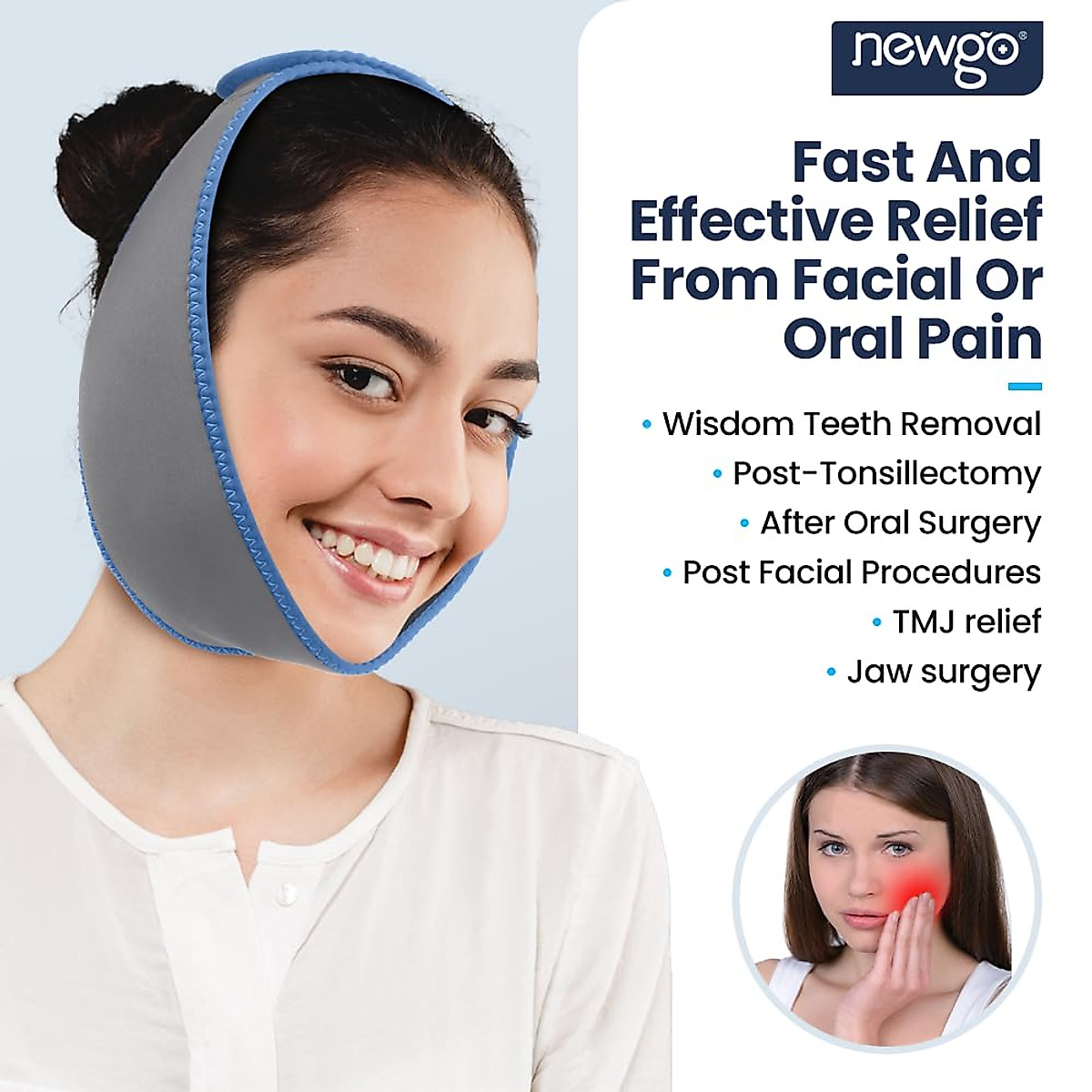 NEWGO Face Ice Pack Wisdom Teeth Ice Pack Head Wrap for Face Oral Surgery Pain Relief, Jaw Ice Pack with 4 Hot Cold Gel Packs for Tooth Extraction, TMJ, Chin, Jaw, Facial Surgery - Gray
