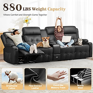 Recliner Sofa, Massage Reclining 4 Seater Sofa Sets Heavy Weight Capacity, RV Loveseat Couch Clearance with Console, USB, Type C Port, Storage, Cup Holders, Wall Hugger Chair for Living Room, Black