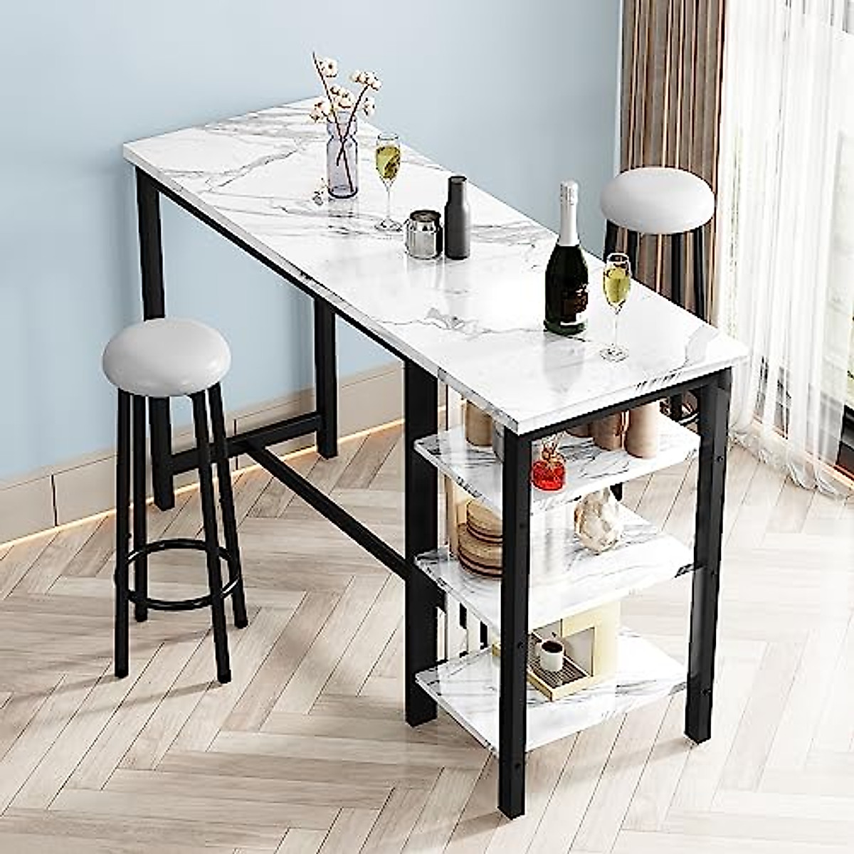 Lamerge Kitchen Counter Height Table and Stools Set for 2, 4-Tier Compact Dining Table, White Faux Marble Top and 2 PU Leather Upholstered Seats, Modern Dining Room Furniture for Home/Studio/Office