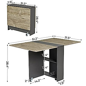 Folding Dining Table, Drop Leaf Dining Table with 6 Wheels and 2-Layer Storage Shelf, Space Saving Dining Table for Small Spaces, Chestnut and Gray 51.2 inch D x 31.5 inch W x 28.4 inch H