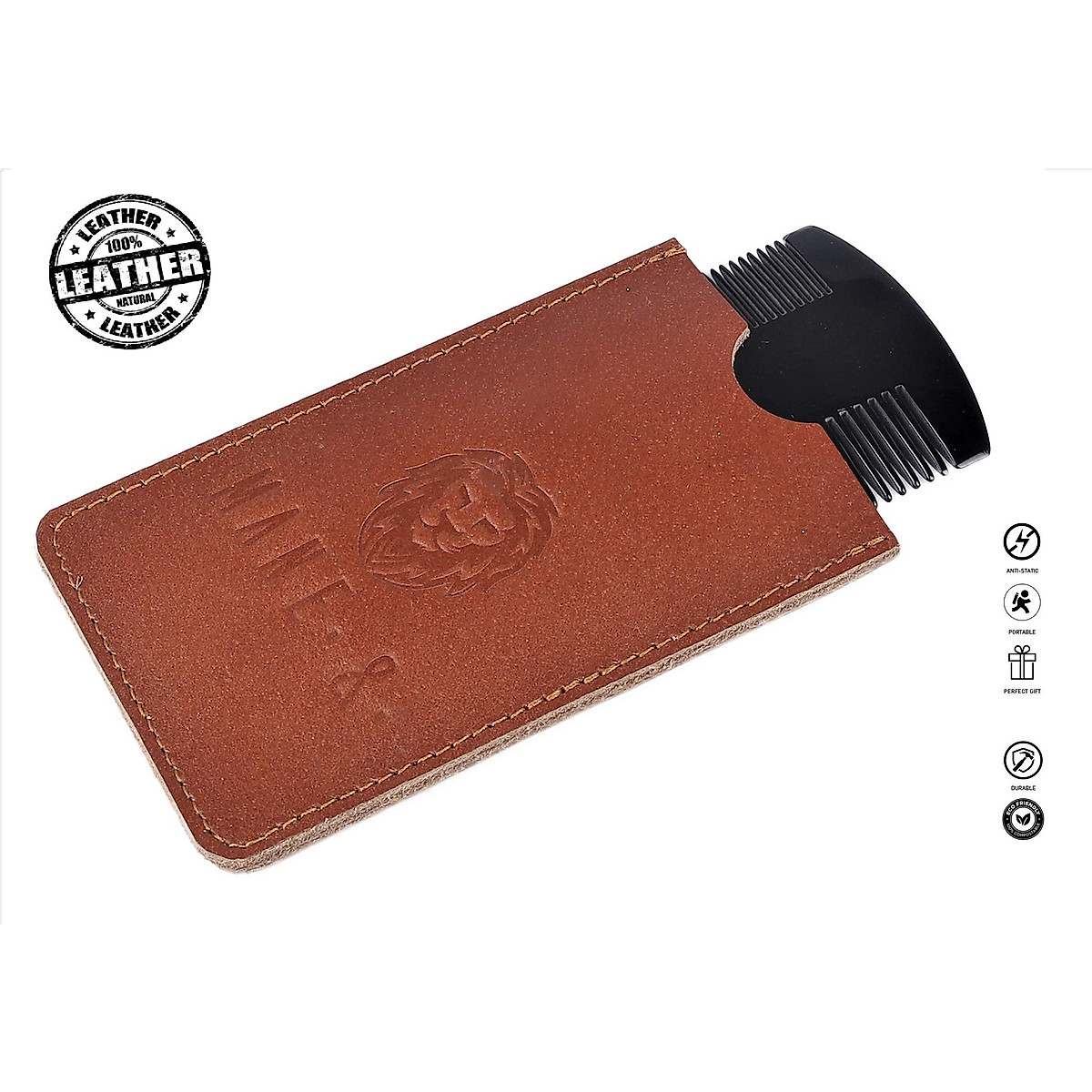 Premium 100% Oxhorn Dual-Action Beard Comb with Genuine Leather Case – the Perfect Beard Grooming Gift for Men by Man & Mane.