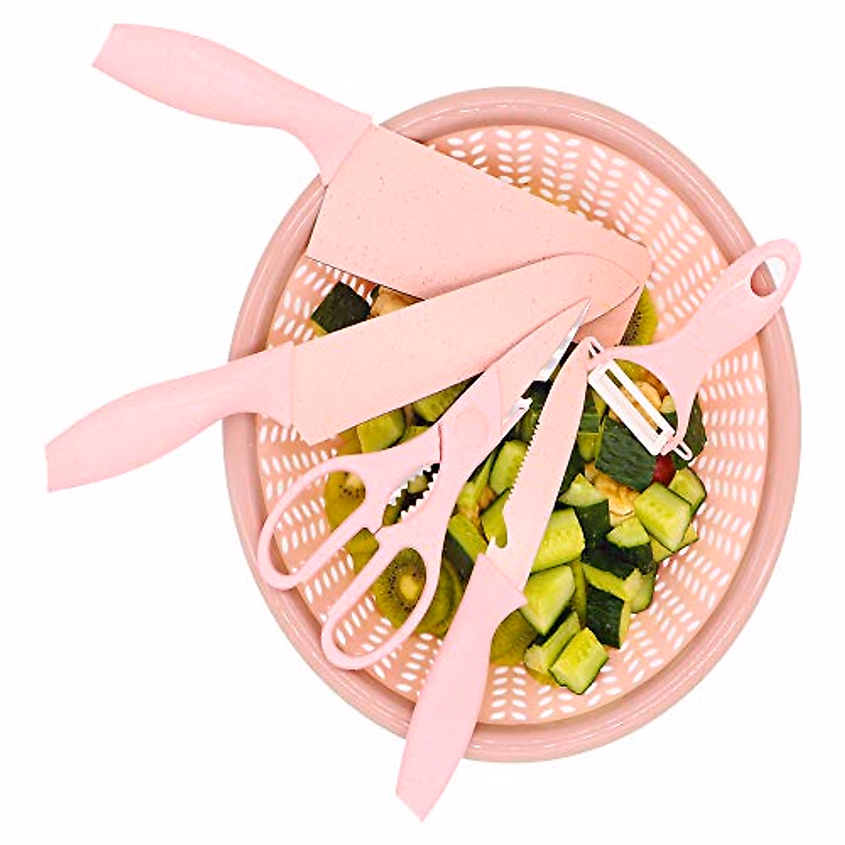 Kitchen Knife Set Pink - 5 Piece Cooking Knives, Non-Stick and Sharp Chef Knife Sets for Kitchen Cutting Meat, Scissors and Ceramic Peeler for Slicing, Paring Fruits and Vegetables