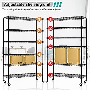 BLKMTY 6 Tier Wire Shelving Unit Adjustable Storage Shelves Metal Shelf with Wheels Wire Rack for Garage Basement Kitchen Racks 2100lbs Capacity Metal Pantry Shelves 48"x18"x82", Black