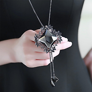 Merdia Long Chain Necklace for Women Rhombus Pendant with Sparkly Glass | Jewelry for Women | Charm Necklace for Women | Long Pendant Necklace for Women | Boho Jewelry for Women (Black)