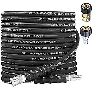 TOOLCY 3/8" Pressure Washer Hose 4000 PSI X 50 FT, Stainless 3/8" Swivel QC Kink Resistant, 250℉ Hot Water Compatible Steel Wire Braided & Rubber Jacket, Easy Loading 3/8" NPT X M22-14mm Adapter Kits