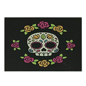 Ambesonne Sugar Skull Cutting Board, Dia de los Muertos Concept Colorful Graphic Skull with Floral Wreath, Decorative Tempered Glass Cutting and Serving Board, Large Size, Black Multicolor