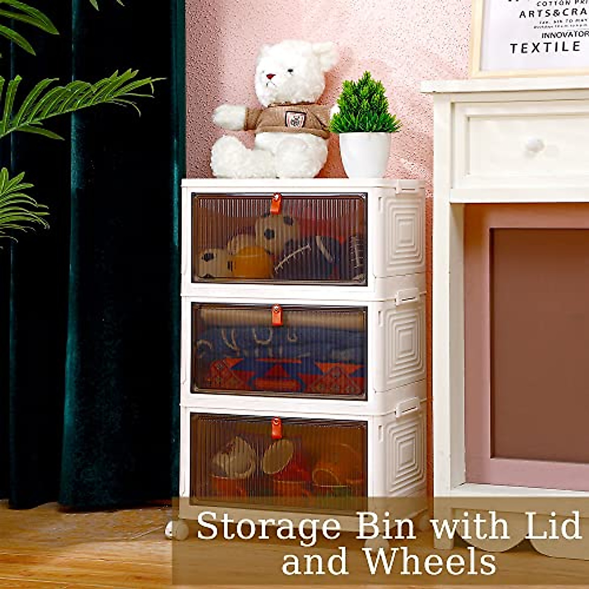 2 Pack Plastic Storage Bins Stackable Storage Bins with Wheels White 3 Tier Storage Containers Organizer Collapsible Storage Bins Cart Storage Box Totes for Toys Snacks Books