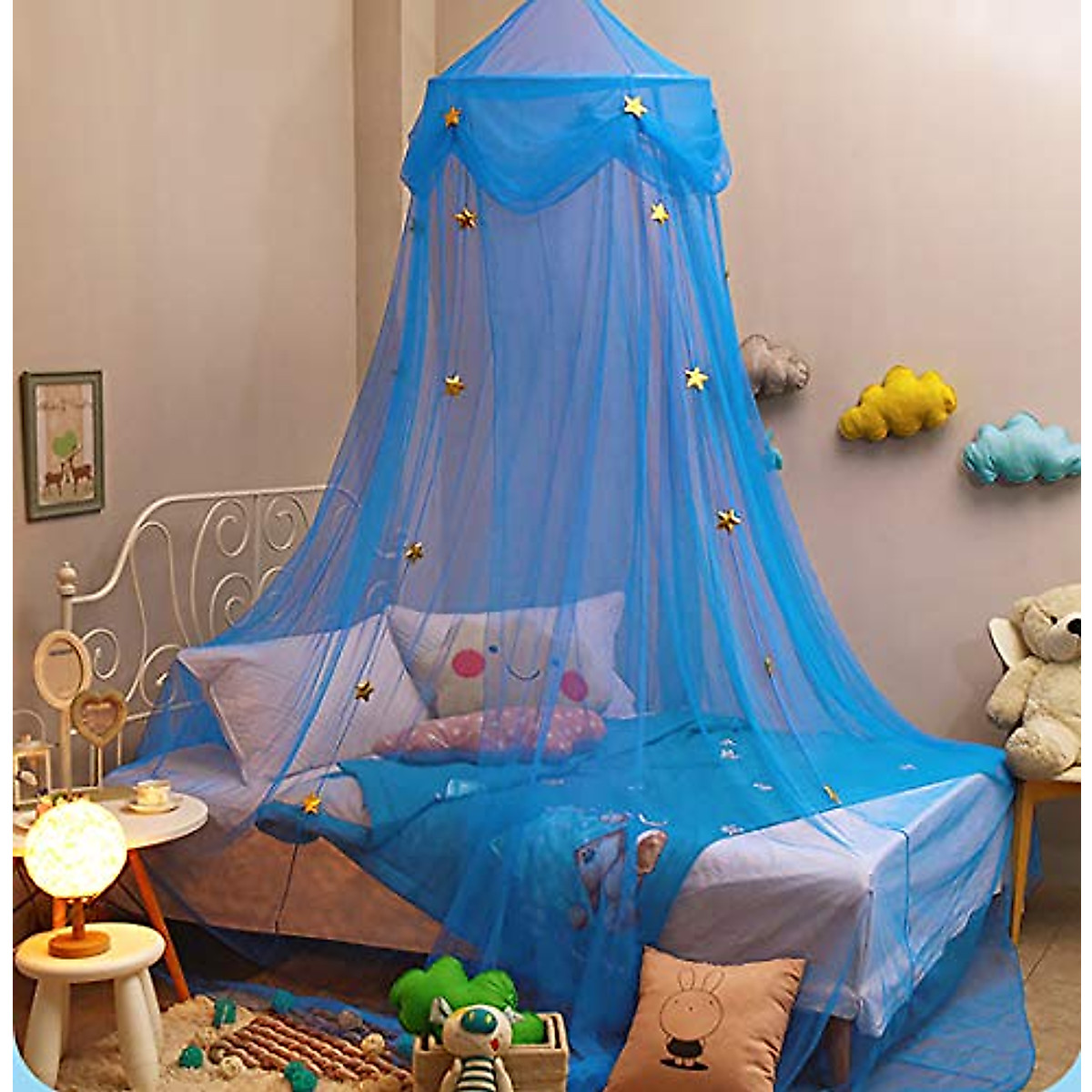 Glamorstar Bed Canopy for Girls Princess Mosquito Net Glow in The Dark Stars and Moon Crib Hanging Tent Bedroom Decor Gift for Kids Blue