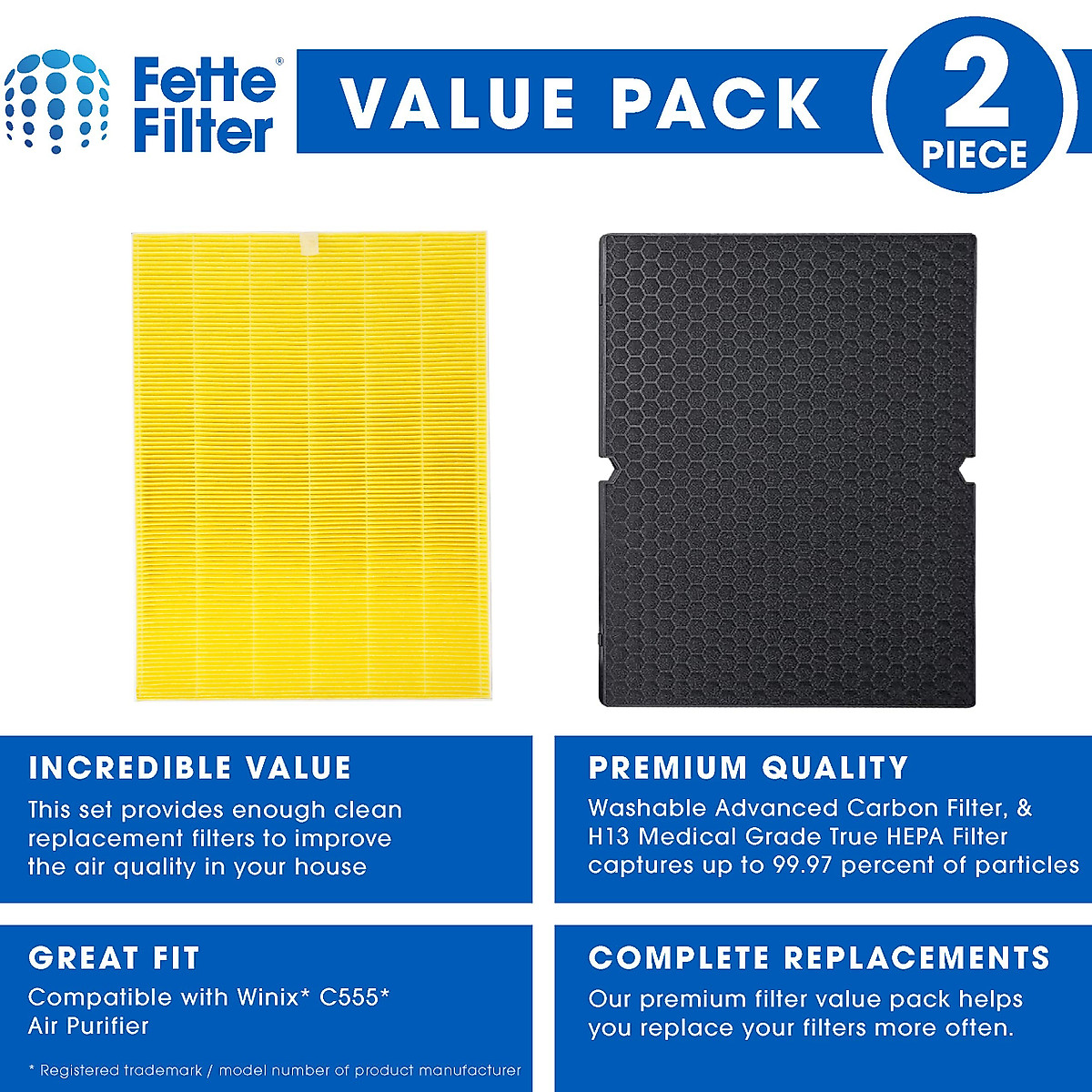 Fette Filter - Air Purifier True HEPA Filter Replacement Compatible with Winix 116131 Filter I for C555, Premium H13 True HEPA and Washable Advanced Carbon Filter - Pack of 1