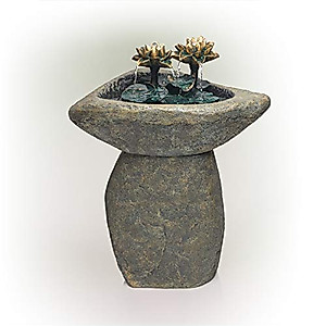 Alpine Corporation 30" Tall Outdoor Pedestal Lotus Rock Waterfall Fountain with LED Lights, Brown/Gray